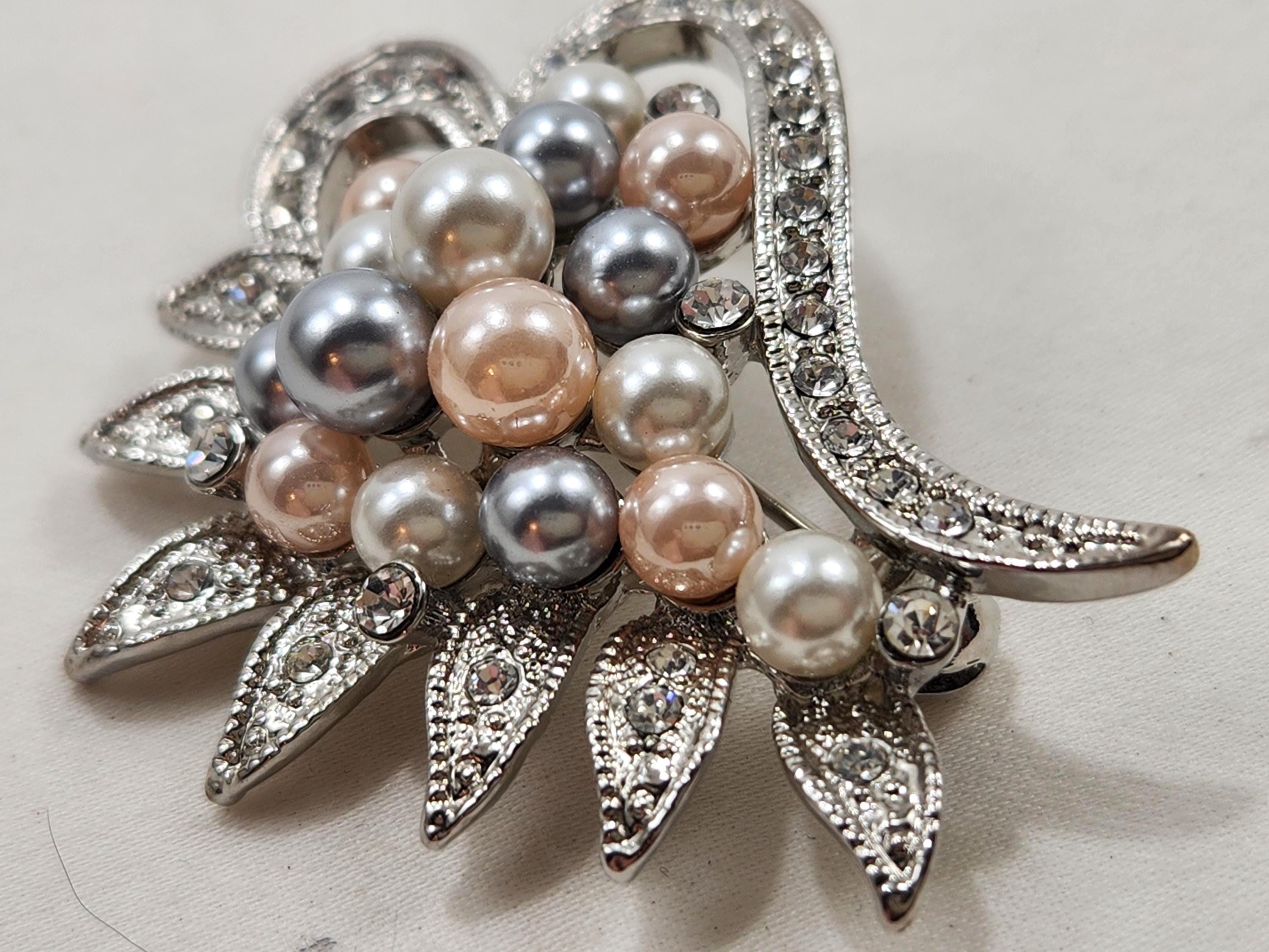 Brooch, Pin With Graduating Pearls Set With Rhinestones, Vintage 1990's ...