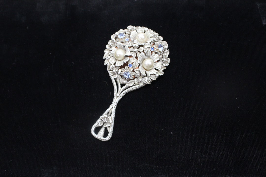 Florenzo Hand Mirror With White Color Floral Handle Beaded and Jeweled ...