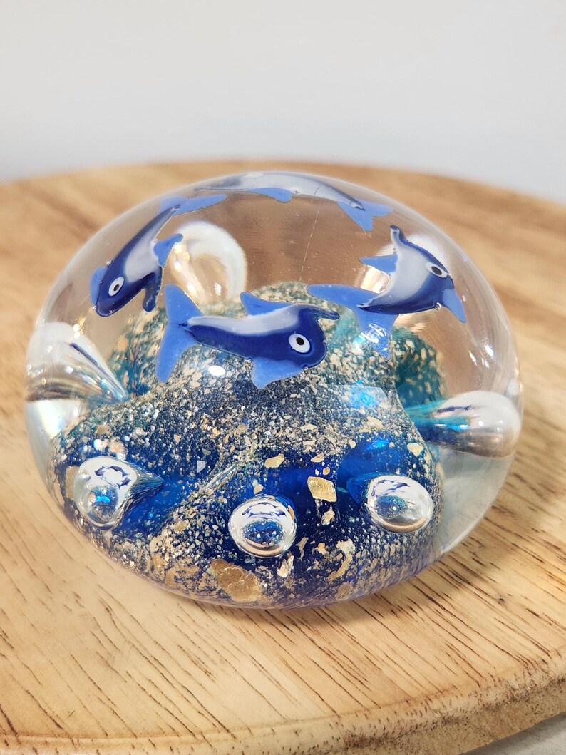 Fish Glass Paperweight, Solid Glass, Blue Fish With Gold and Bubbles - Etsy