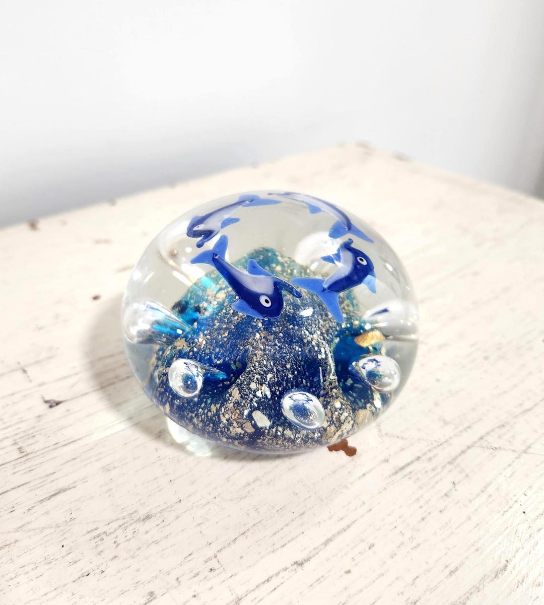 Fish Glass Paperweight, Solid Glass, Blue Fish With Gold and Bubbles - Etsy