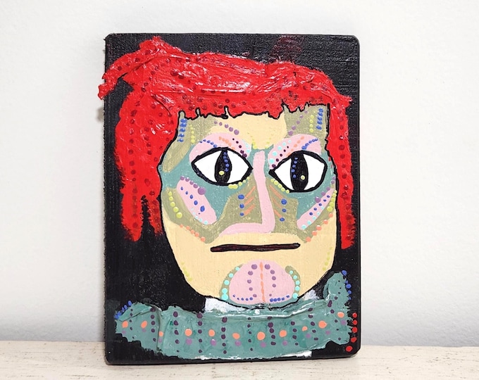 Abstract Folk Art Portrait of a Man, Original Signed Painting on Wood ...