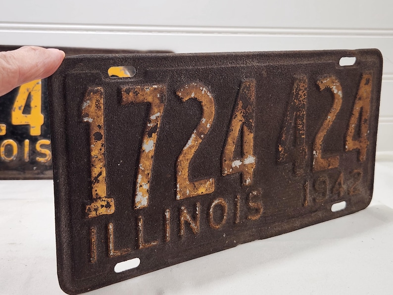 Illinois 1942 Pair License Plates, Metal Raised Stamped AS IS Black ...