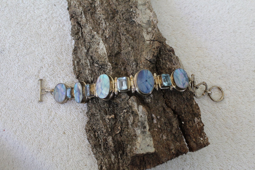 Bracelet, Blue Stone Marked 925 Toggle Closure Bracelet, Blue Crackle Oval Stones Square Blue ...