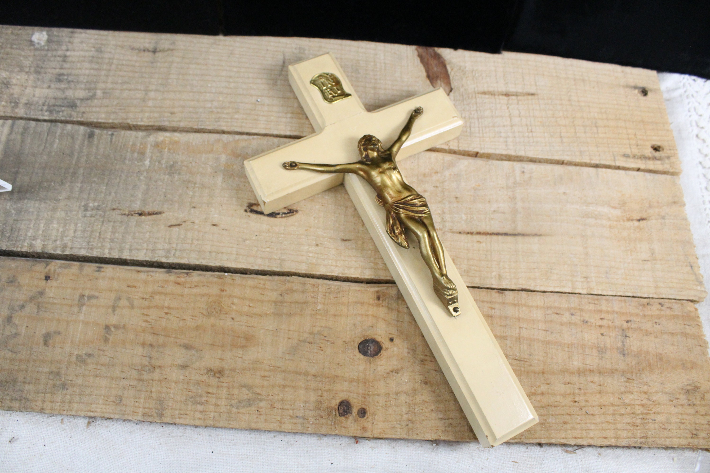 Wood Crucifix With Paper and Removable Panel on Back, Vintage 1956 ...