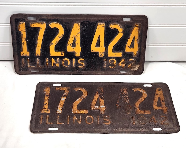 Illinois 1942 Pair License Plates, Metal Raised Stamped AS IS Black ...
