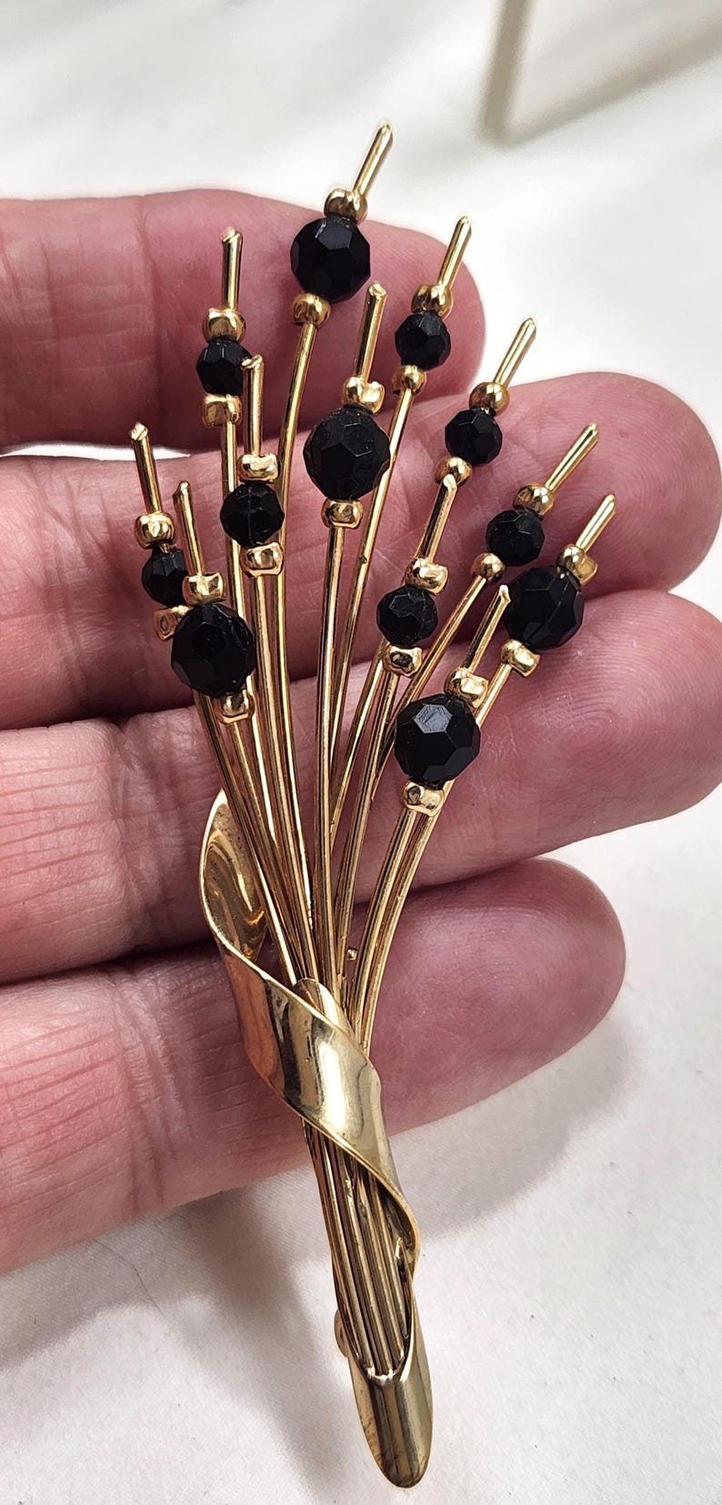 Black Crystal Bead Pin, Gold Tone Metal Wrapped Brooch, Vintage 1970 ...