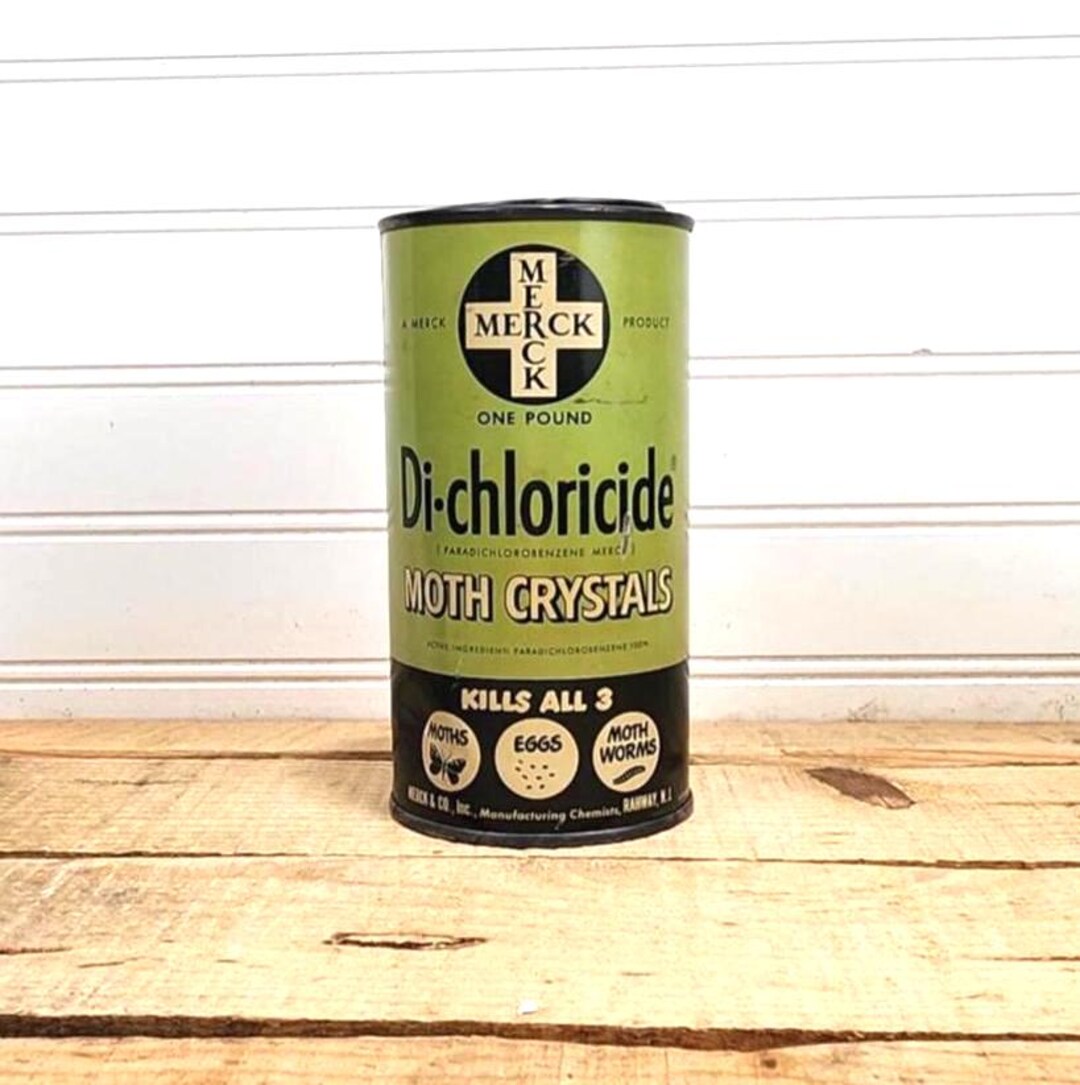 Merck Moth Crystals Tin: 1950s Old Advertising, Rahway NJ, Lithograph ...
