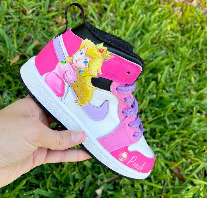 Custom Painted Jordan 1 Mid, Custom Jordans, Mario Jordan 1’s, Peach ...