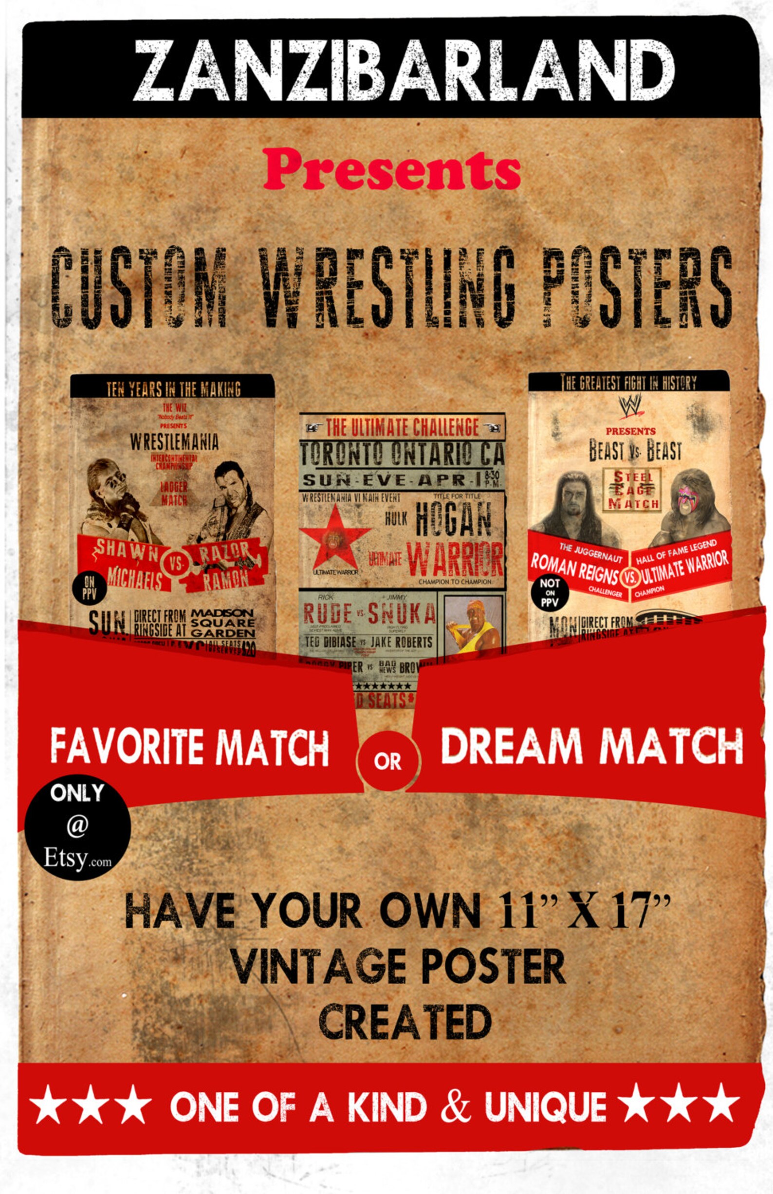 Custom Vintage Wrestling Poster - Chose Your Favorite Match or Dream ...
