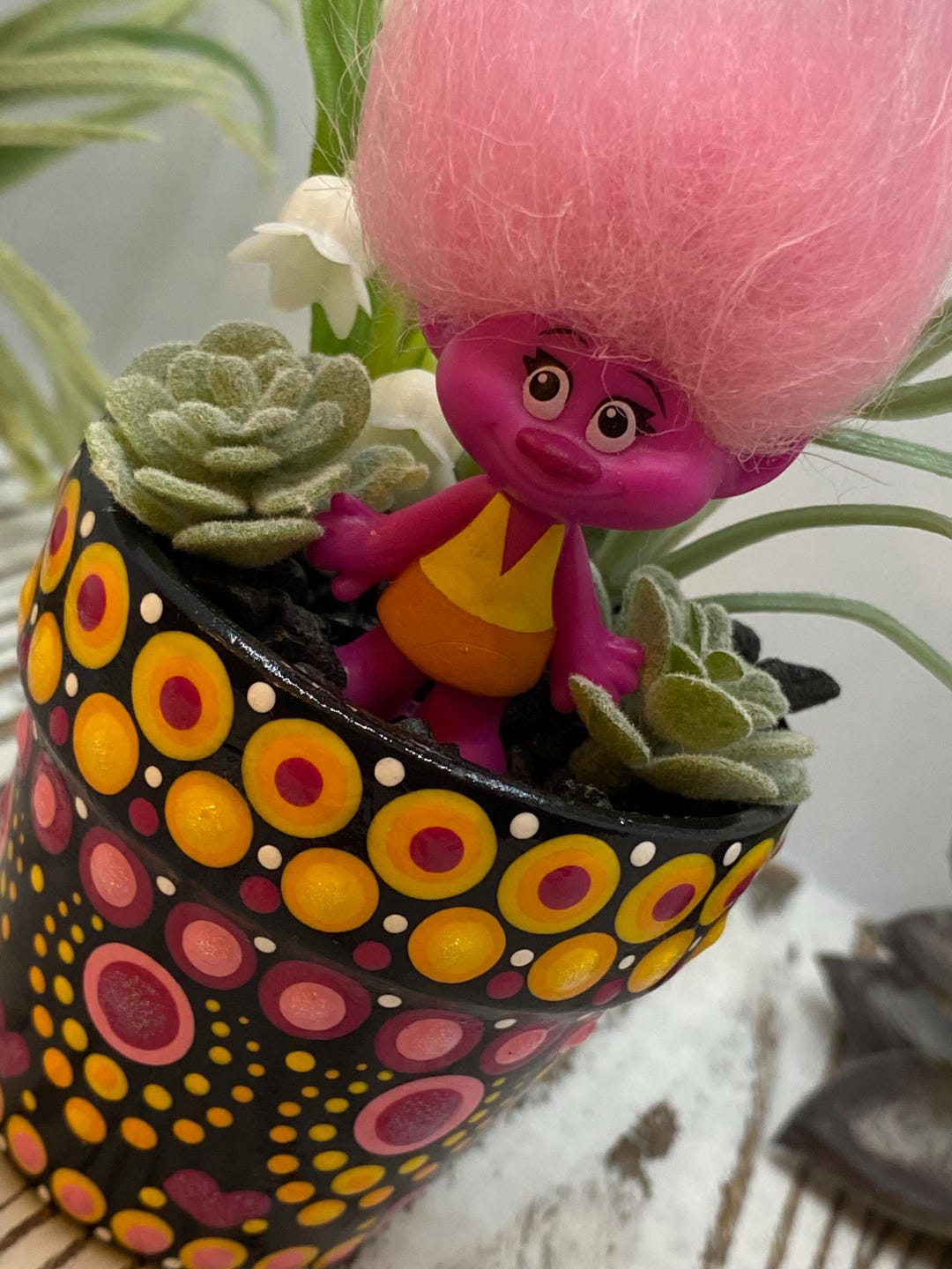 Painted Faux Succulent Pot With a Cute Pink Troll! Small 2 Inch Pot ...
