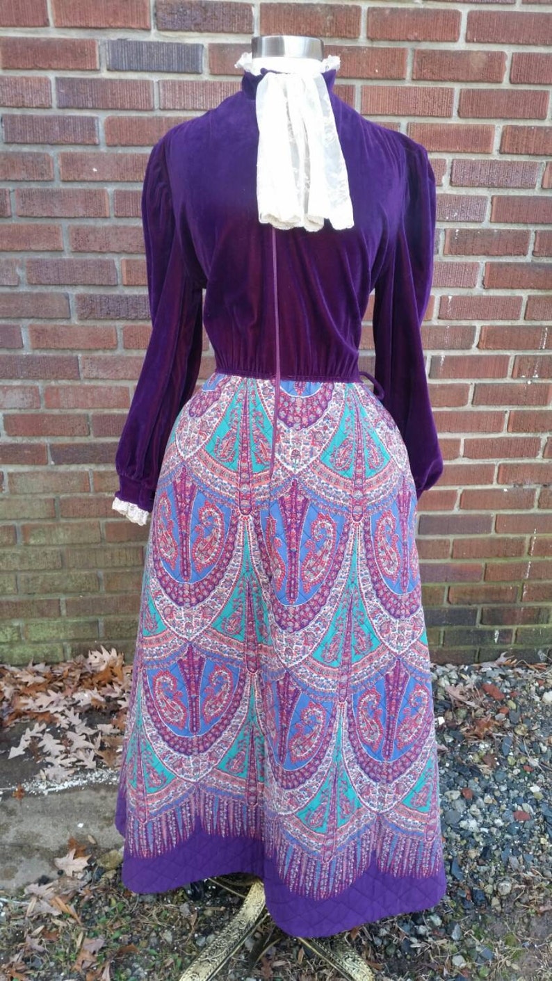 70s Gypsy Dress Velvet Bodice With Lace Ascot and Quilted Paisley Skirt ...