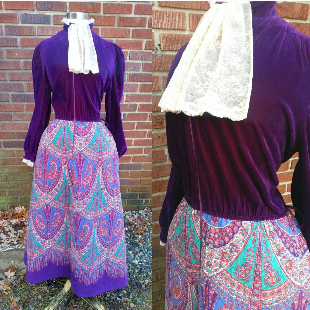 70s Gypsy Dress Velvet Bodice With Lace Ascot and Quilted Paisley Skirt ...