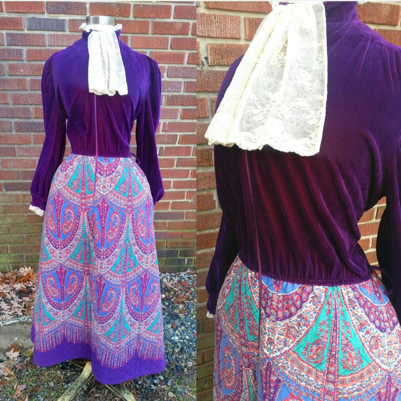 70s Gypsy Dress Velvet Bodice With Lace Ascot and Quilted Paisley Skirt ...