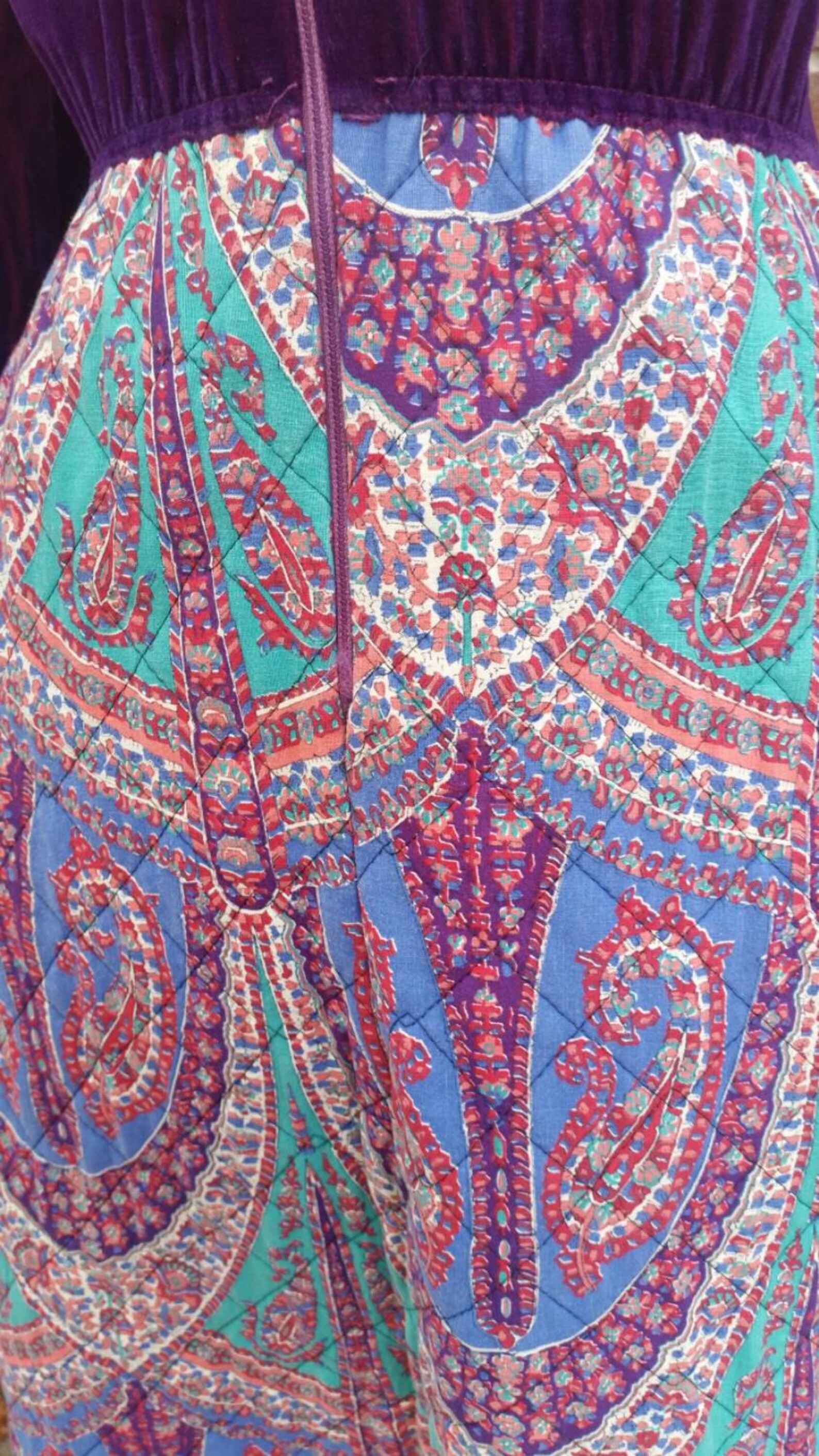 70s Gypsy Dress Velvet Bodice With Lace Ascot and Quilted Paisley Skirt ...
