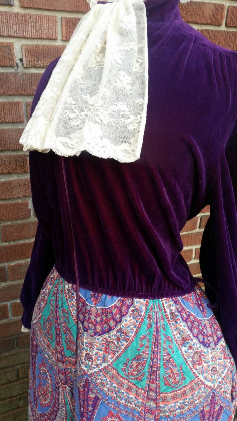 70s Gypsy Dress Velvet Bodice With Lace Ascot and Quilted Paisley Skirt ...