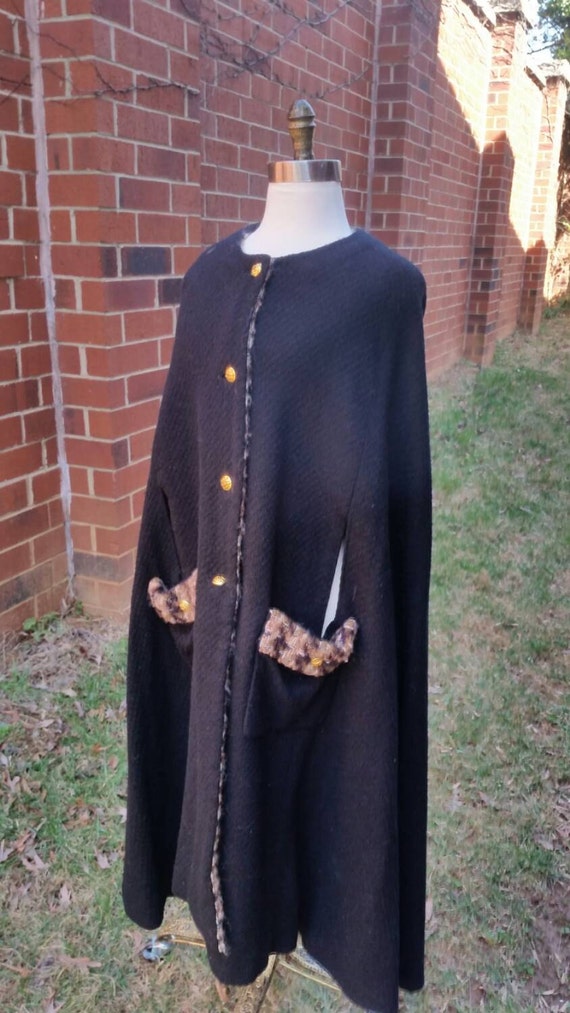 80s Chanel Cape Black Tweed, Gold Logo Buttons, Cali… - Gem