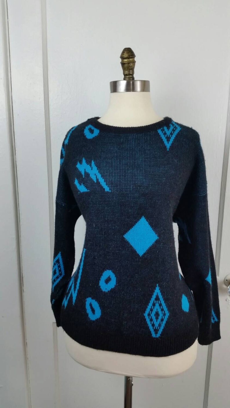 80s Black Sweater With Turquoise Abstract Pattern M/L - Etsy
