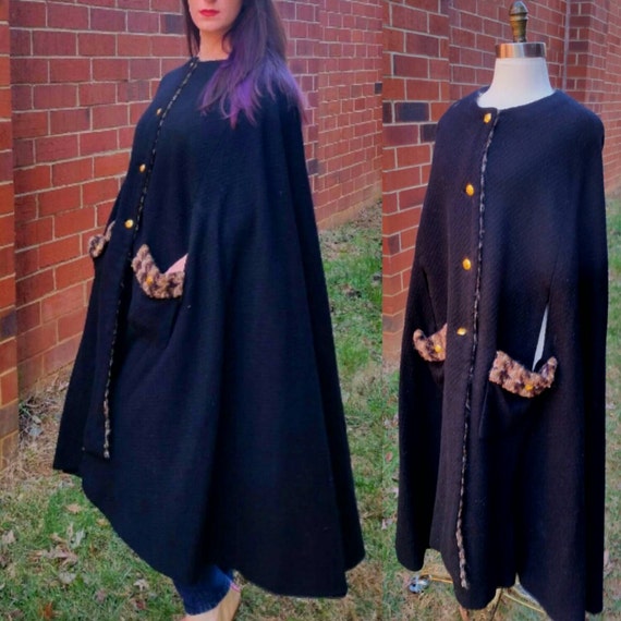 80s Chanel Cape Black Tweed, Gold Logo Buttons, Cali… - Gem