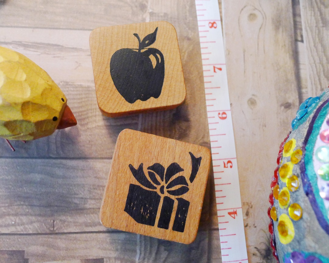 Old Fashioned Handmade Rubber Stamp Set With Apple and Wrapped Gift or ...