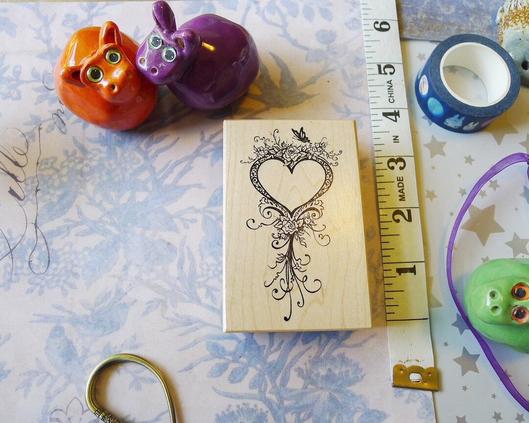Wreath Heart Rubber Stamp With Butterfly, Church Wedding Flourish ...