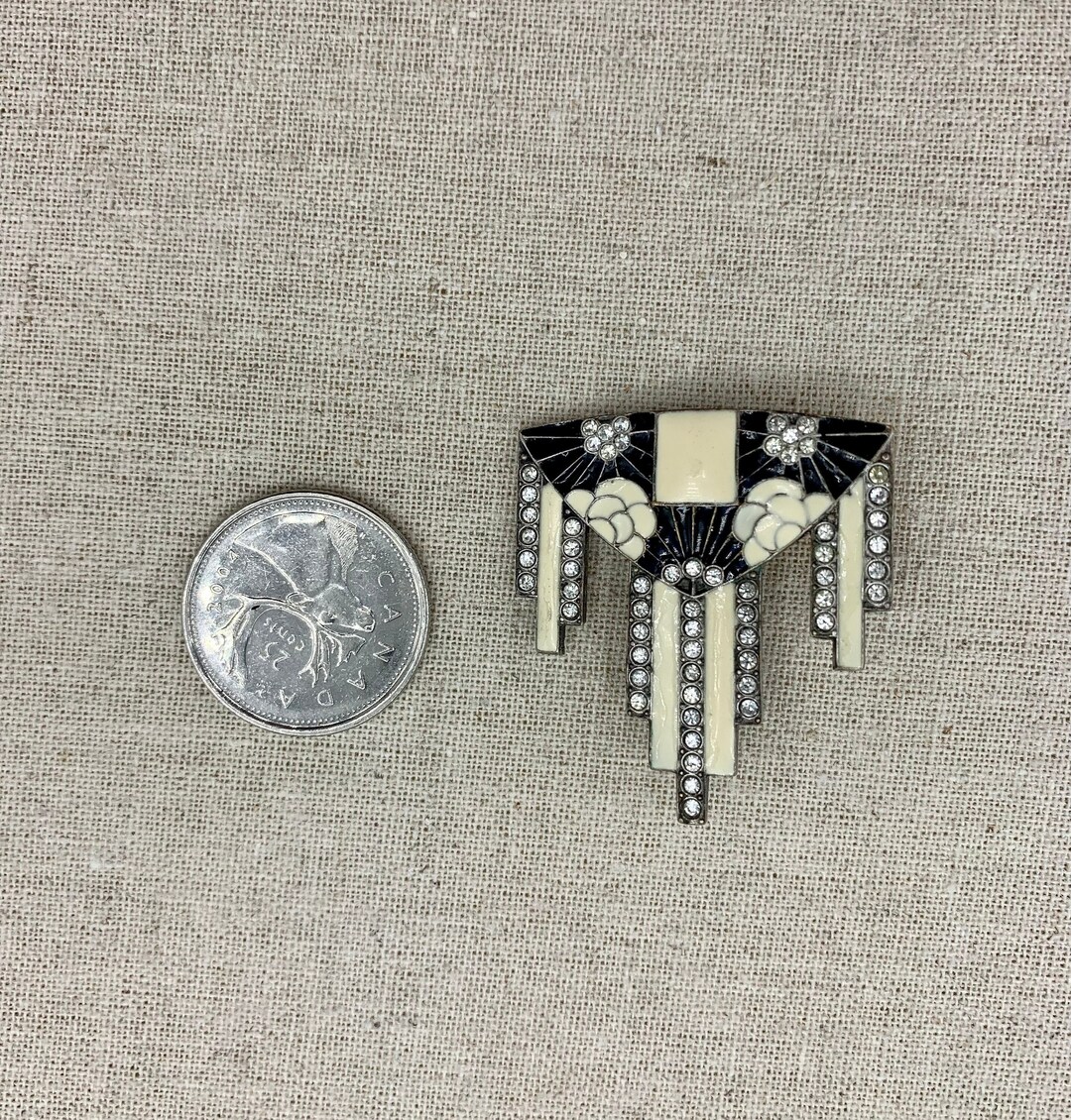 VINTAGE Pierre Bex Brooch - Art Deco - Black Enamel and Rhinestones ...
