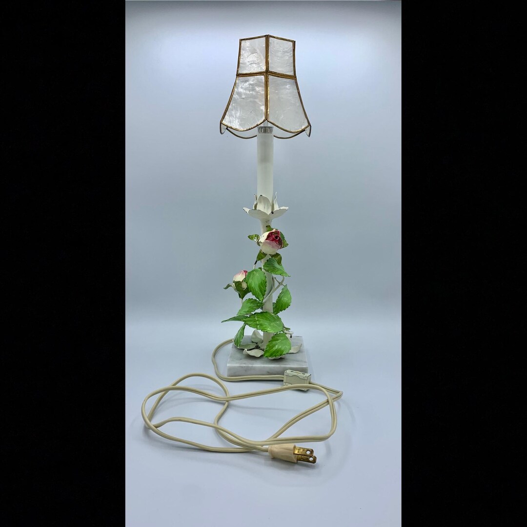 Beautiful Vintage Iron Lamp With Marble Base Capiz Shell Shade Floral ...