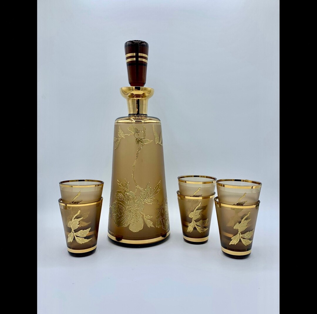BOHEMIAN Amber Frosted Glass Decanter Set With Six Cups - Gold Floral ...