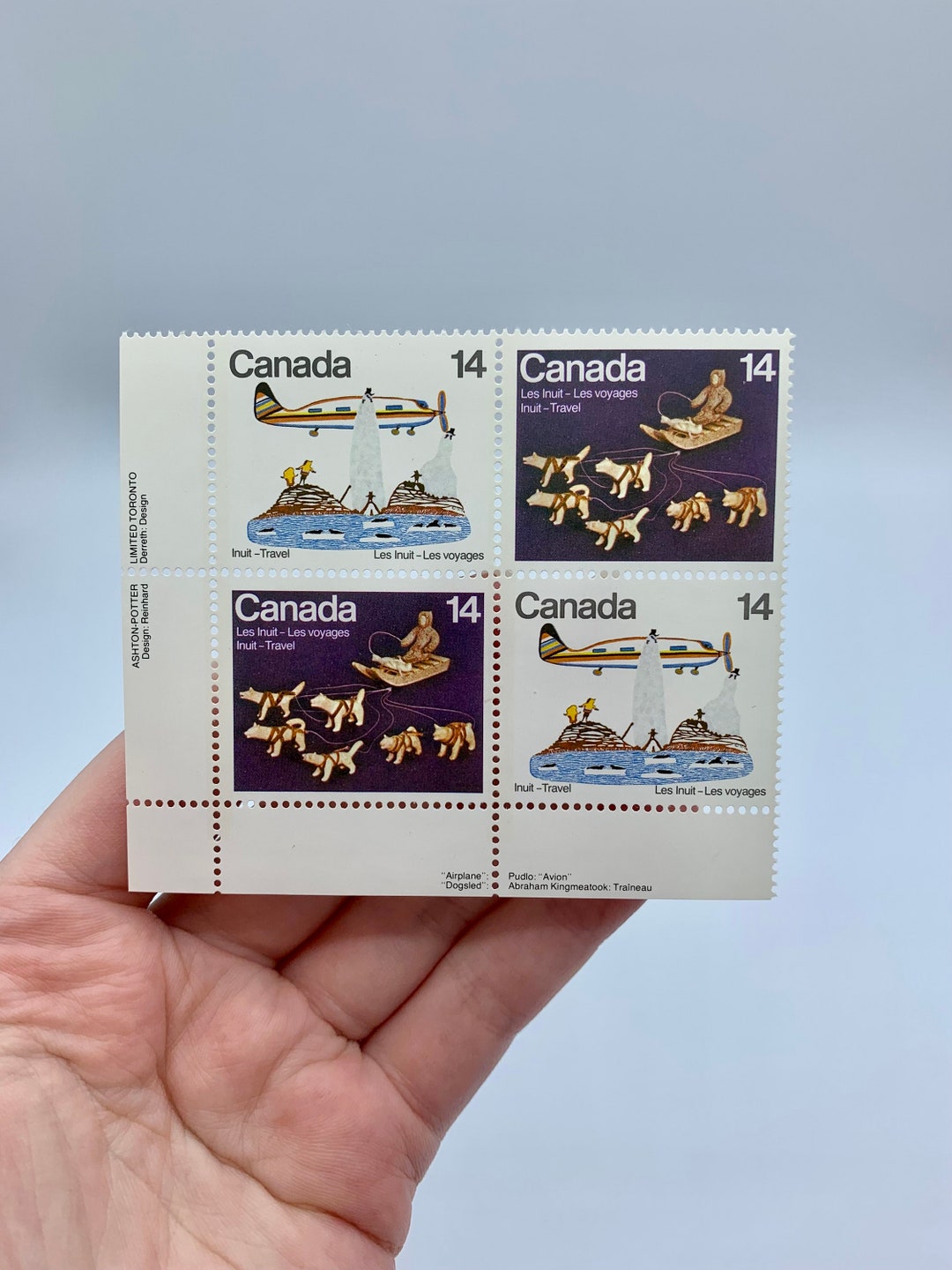 INUIT TRAVEL Dogsled & Airplane Canadian Stamp Set 4 Functional Stamps ...