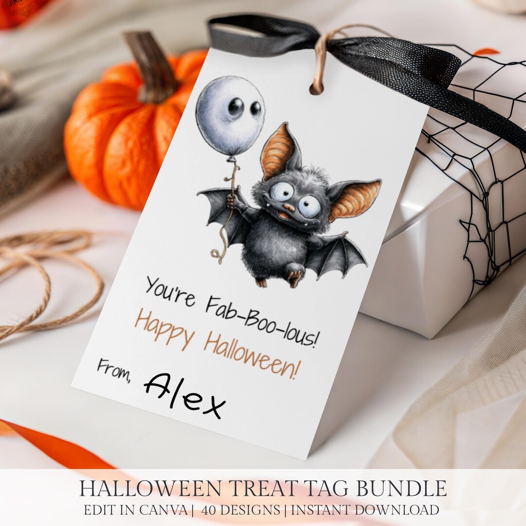 Editable Halloween Treat Tags, 40 Whimsical Designs With Ghosts, Bats ...