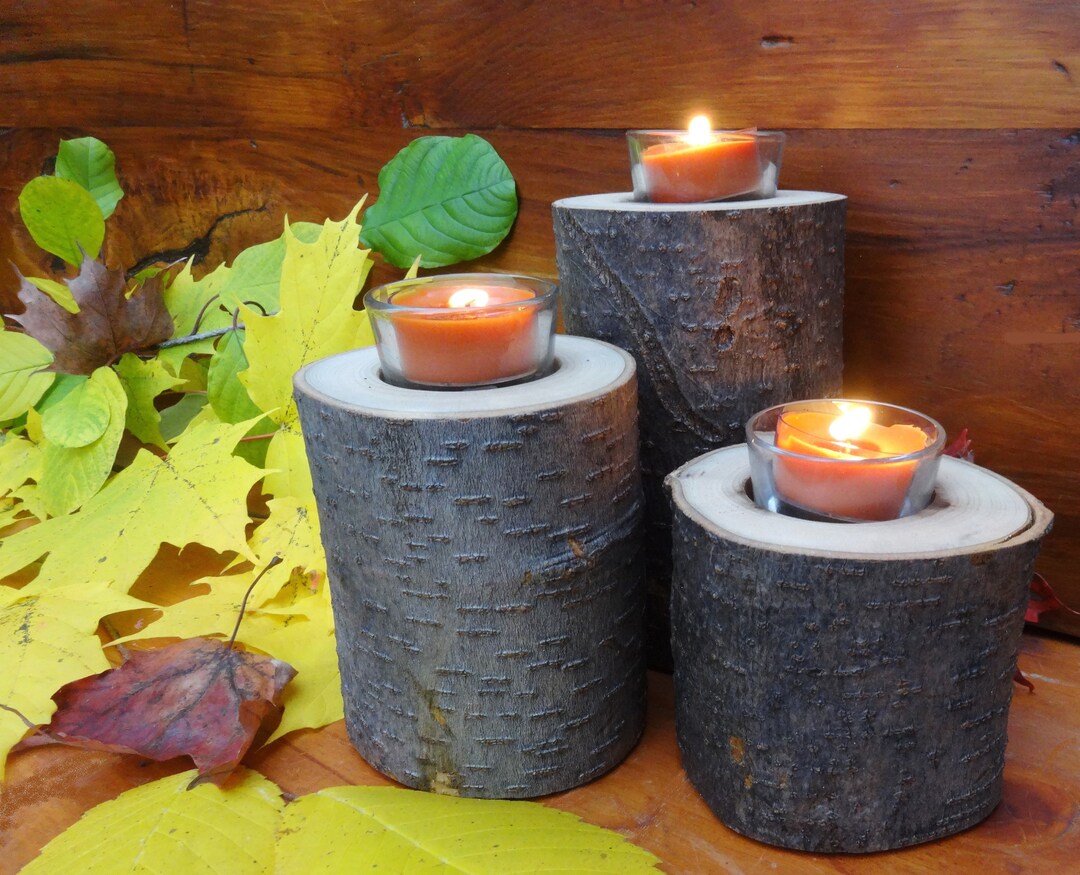 Set of Three Log Candle Holders - All Natural Wood - Votive Candle ...