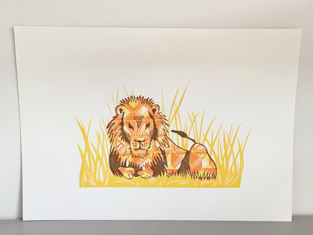 A3 Lion Print Original Linocut Print and Collage Animal - Etsy