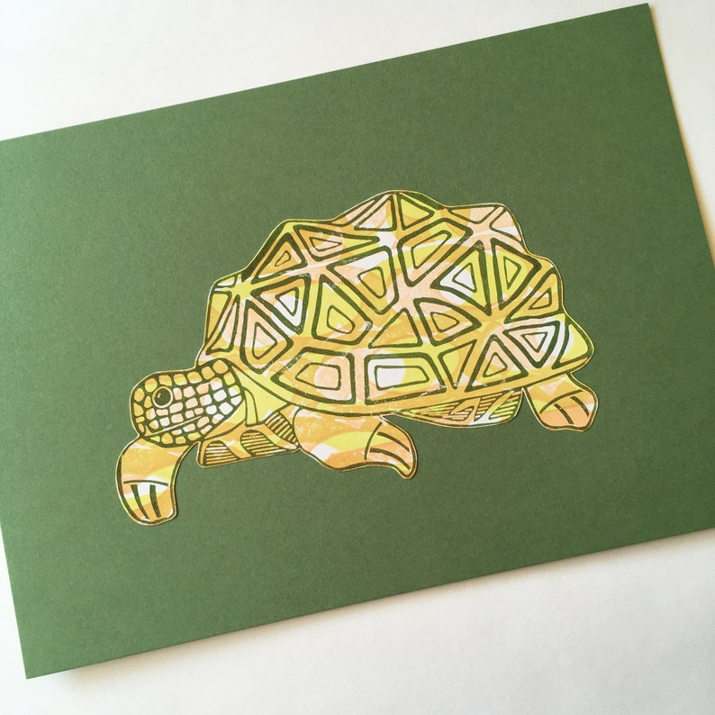 A4 tortoise print, original linocut print y collage, animal print, wall ...