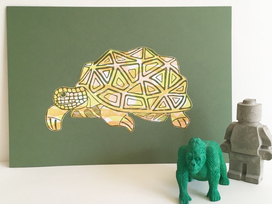 A4 tortoise print, original linocut print y collage, animal print, wall ...