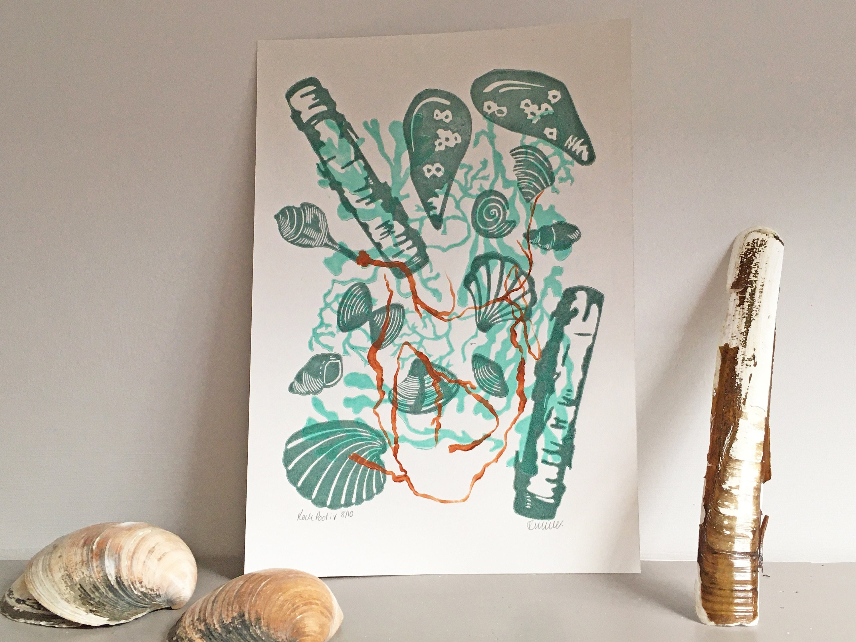 Rock Pool Print, Original Linocut Print With Painted Detail, Seaside ...