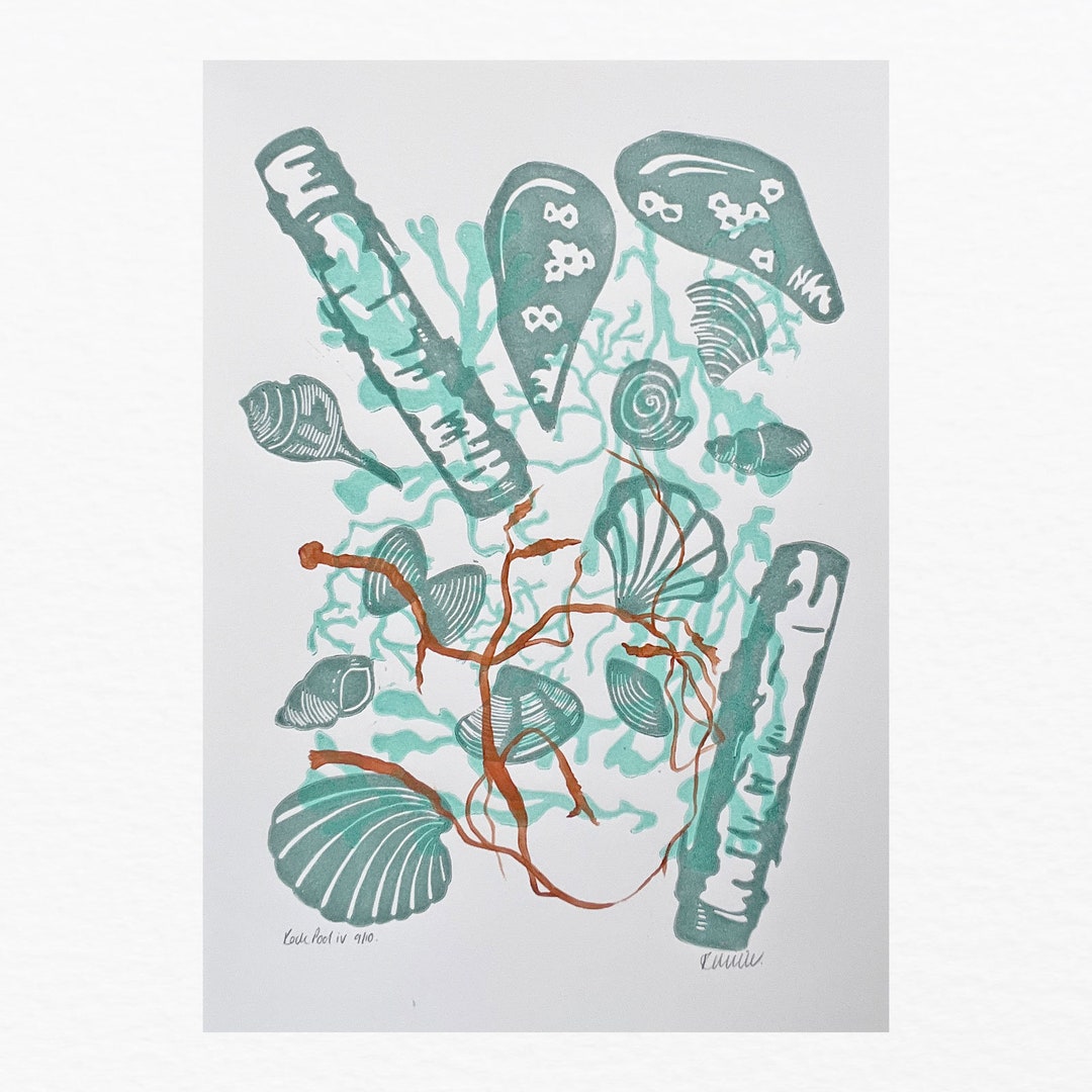 Rock Pool Print, Original Linocut Print With Painted Detail, Seaside ...