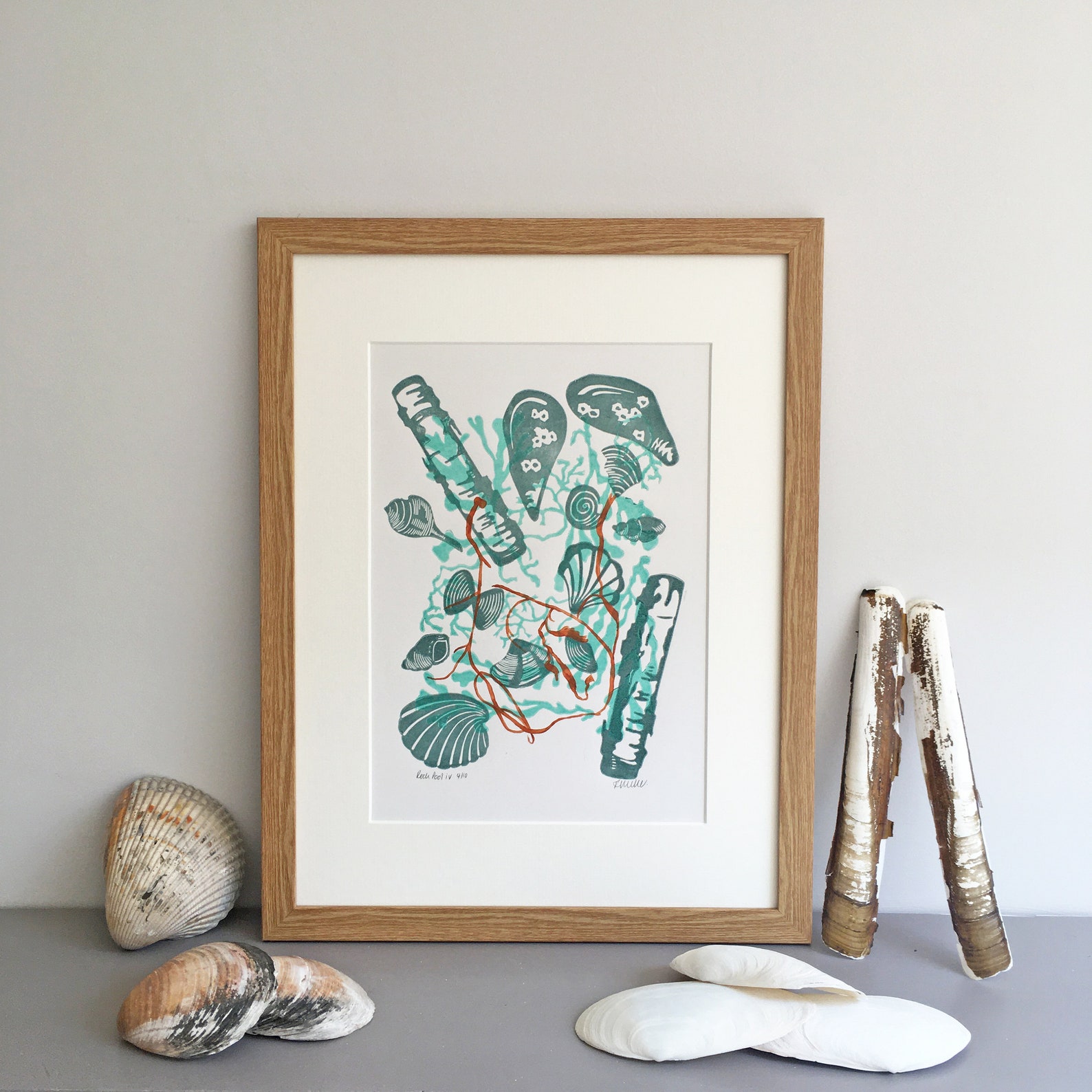 Rock Pool Print, Original Linocut Print With Painted Detail, Seaside ...