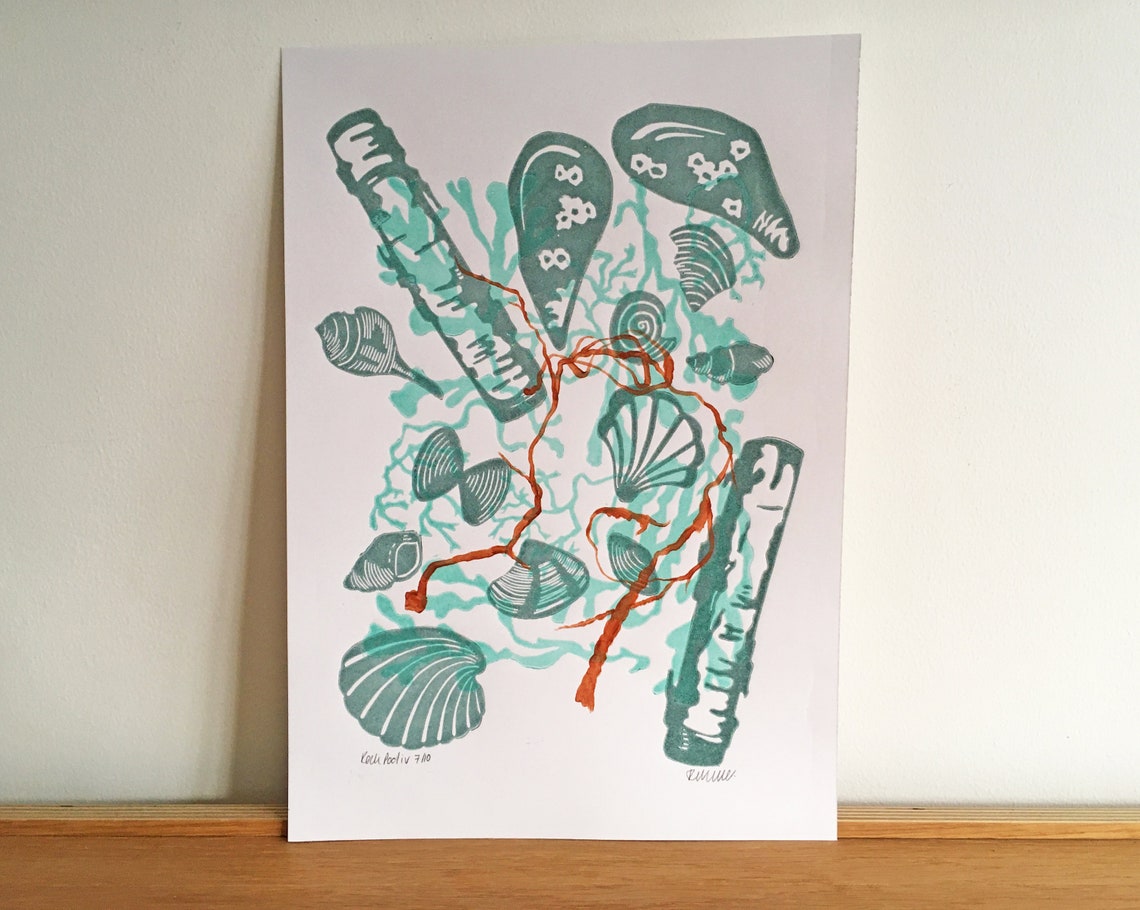Rock Pool Print, Original Linocut Print With Painted Detail, Seaside ...