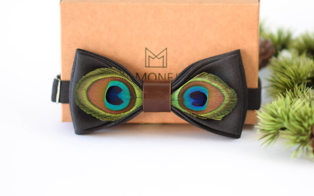 Peacock Feather Bow Tie for Men, Pre Tied Grey Bow Tie for Groom ...