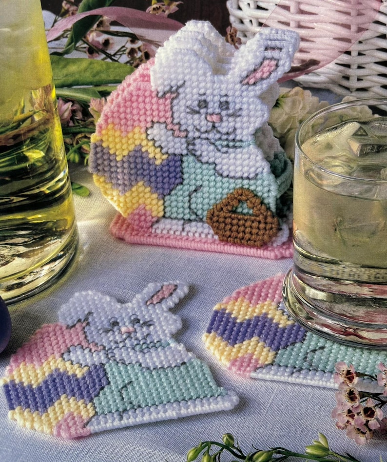 Plastic Canvas Pattern in 7 Count Easter Bunny Coaster Set With Holder Spring Easter - Etsy