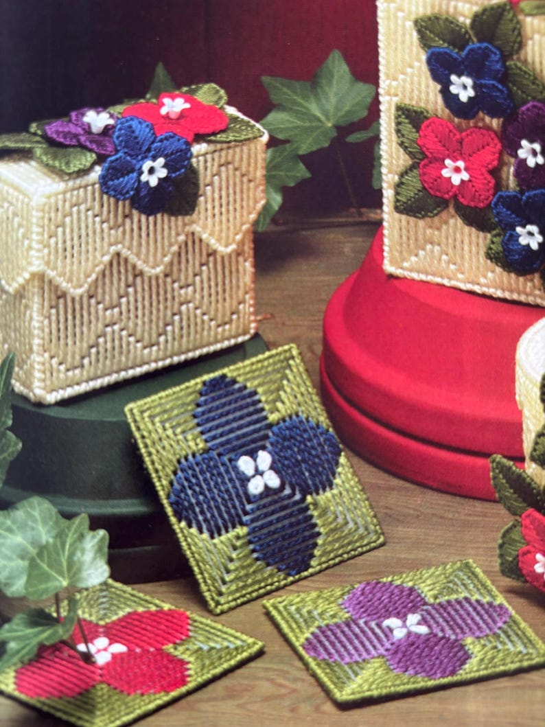 Vintage Plastic Canvas Pattern in 7 Count Blooming Containers Tissue ...
