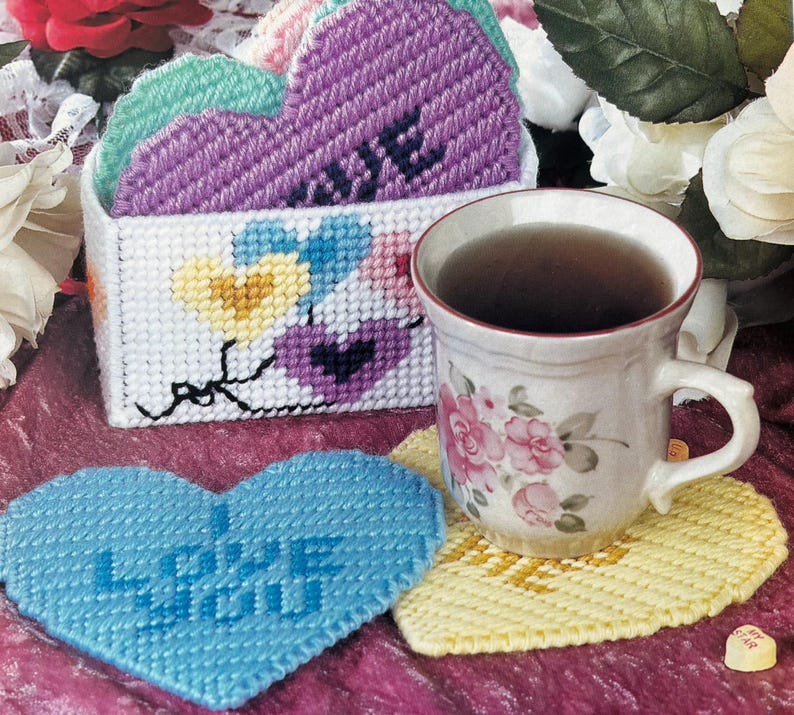 Plastic Canvas Pattern in 7 Count Candy Hearts Coasters and Holder Set ...