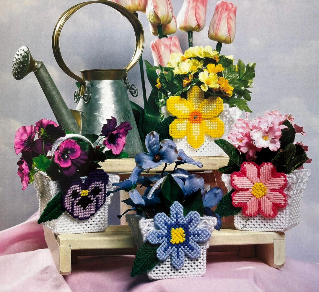 Plastic Canvas Pattern in 7 Count Floral Baskets Spring Summer Pansy ...
