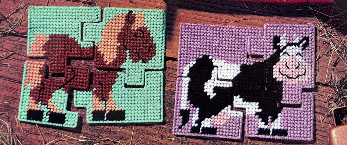Plastic Canvas Pattern in 7 Count Cool Barnful of Puzzles Hen Horse Cow ...