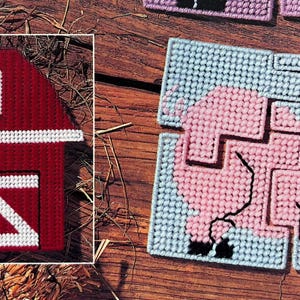 Plastic Canvas Pattern in 7 Count Cool Barnful of Puzzles Hen Horse Cow ...