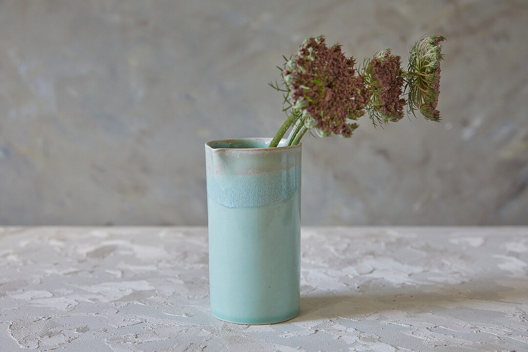 Turquoise Ceramic Vase, Tall Pottery Vessel, Stoneware Cylinder, Flower ...