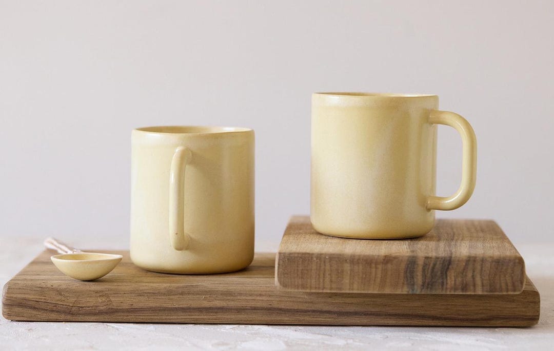 Yellow Glazed Ceramic Coffee Mug Set of TWO, Boho Stoneware Teacup With ...