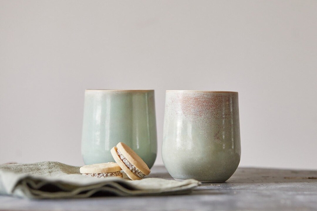 2 Handmade 14 Oz Mugs Without Handle Green/brown Ceramic - Etsy