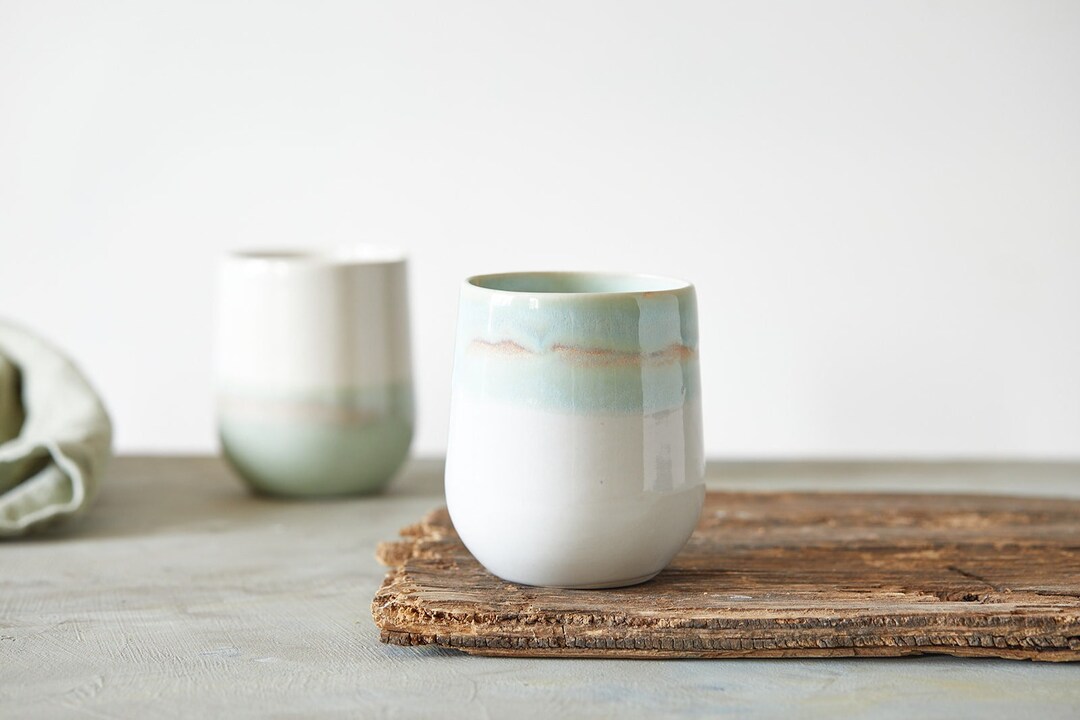 Set of 2 White/green/brown Marbled Ceramic Mugs: Handleless Pottery ...