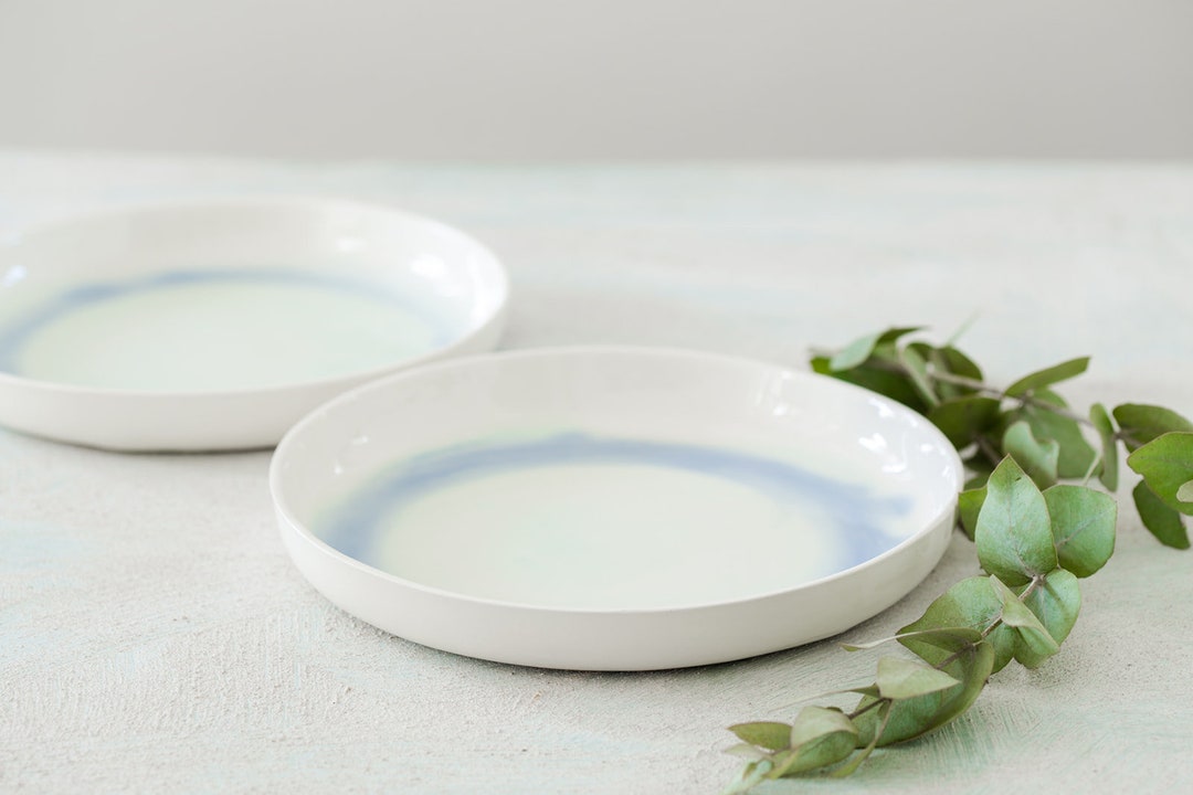 TWO Handmade Deep Dinner Plates, Blue and White Ceramic Large Plate Set ...