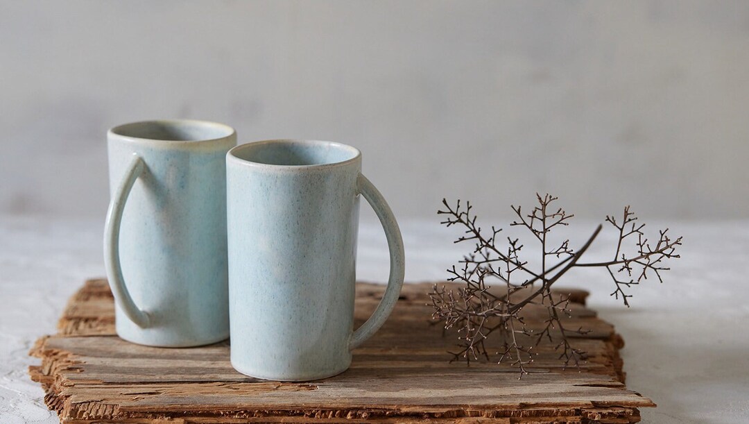 Set of TWO Stone-gray Tall Ceramic Mugs, Unique Pottery Tea/coffee Cups ...